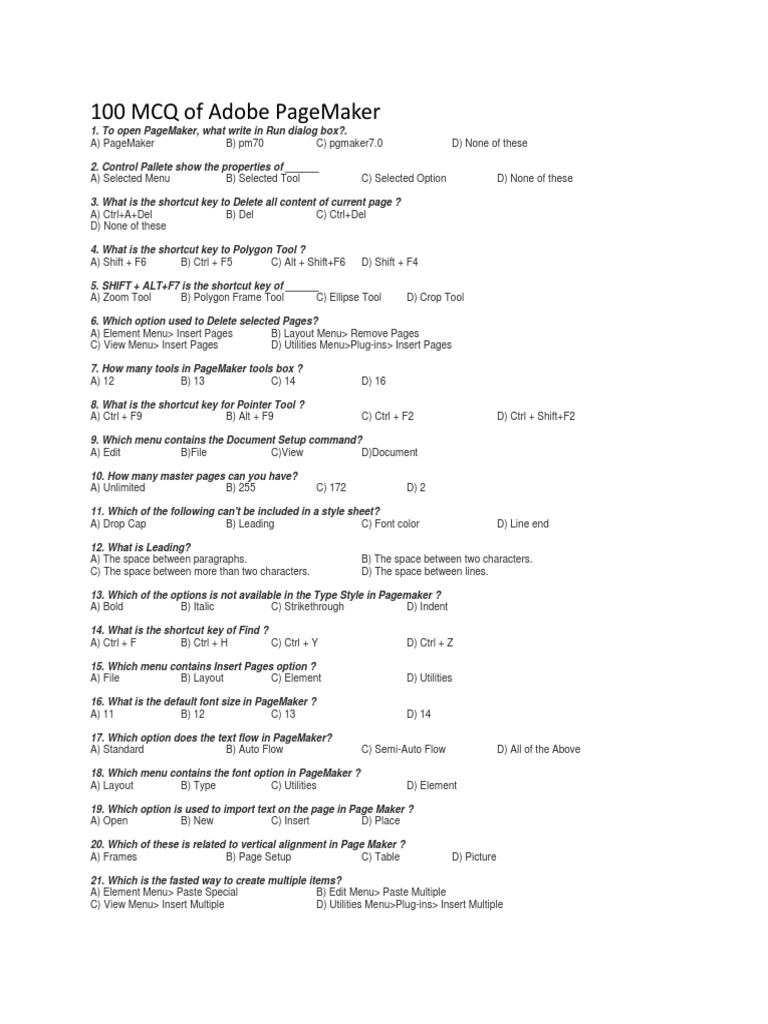 100 MCQ of Adobe PageMaker | PDF | Adobe Photoshop | Graphic Design