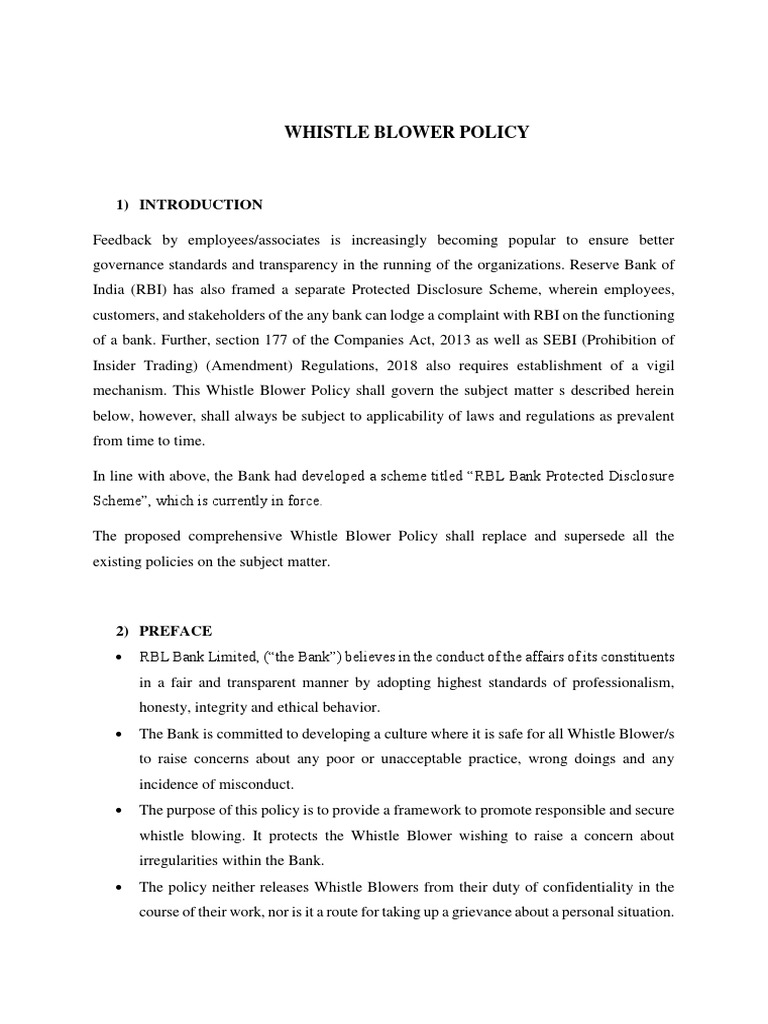 Whistle Blower Policy | PDF | Whistleblower | Government