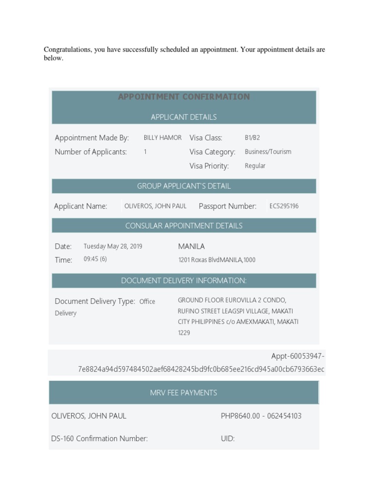 US Visa Appointment Confirmation for Oliveros | PDF | Travel Visa ...