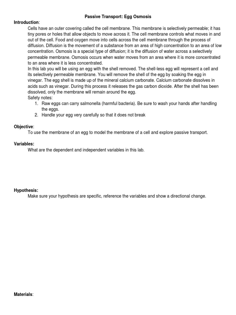 Egg Osmosis Experiment: Passive Transport | PDF | Cell Membrane | Osmosis