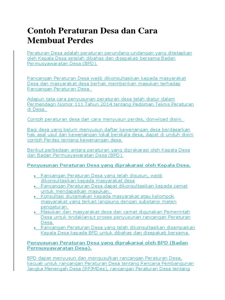 Contoh Peraturan Desa Dan Cara Membuat Perdes | PDF