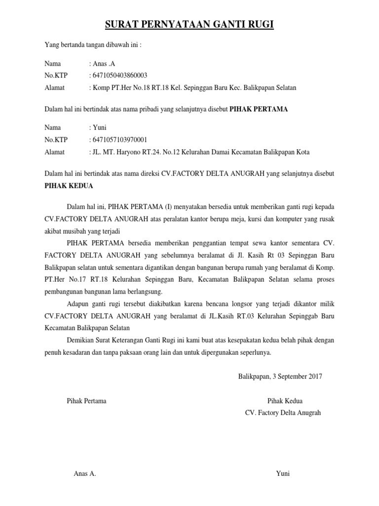 Surat Pernyataan Ganti Rugi | PDF
