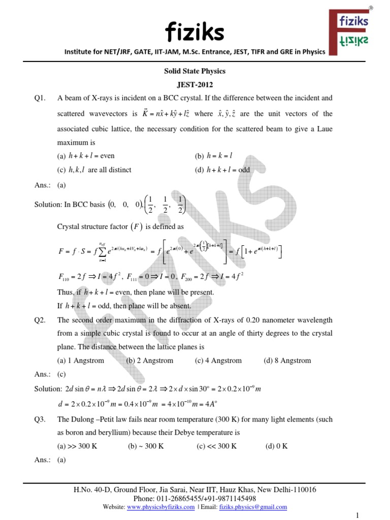 Solid State Physics JEST 2012-2019 | PDF | Analytical Chemistry | Physical Chemistry