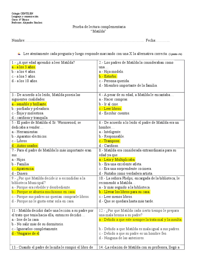 Prueba de Lectura de "Matilda" 6° Básico | PDF