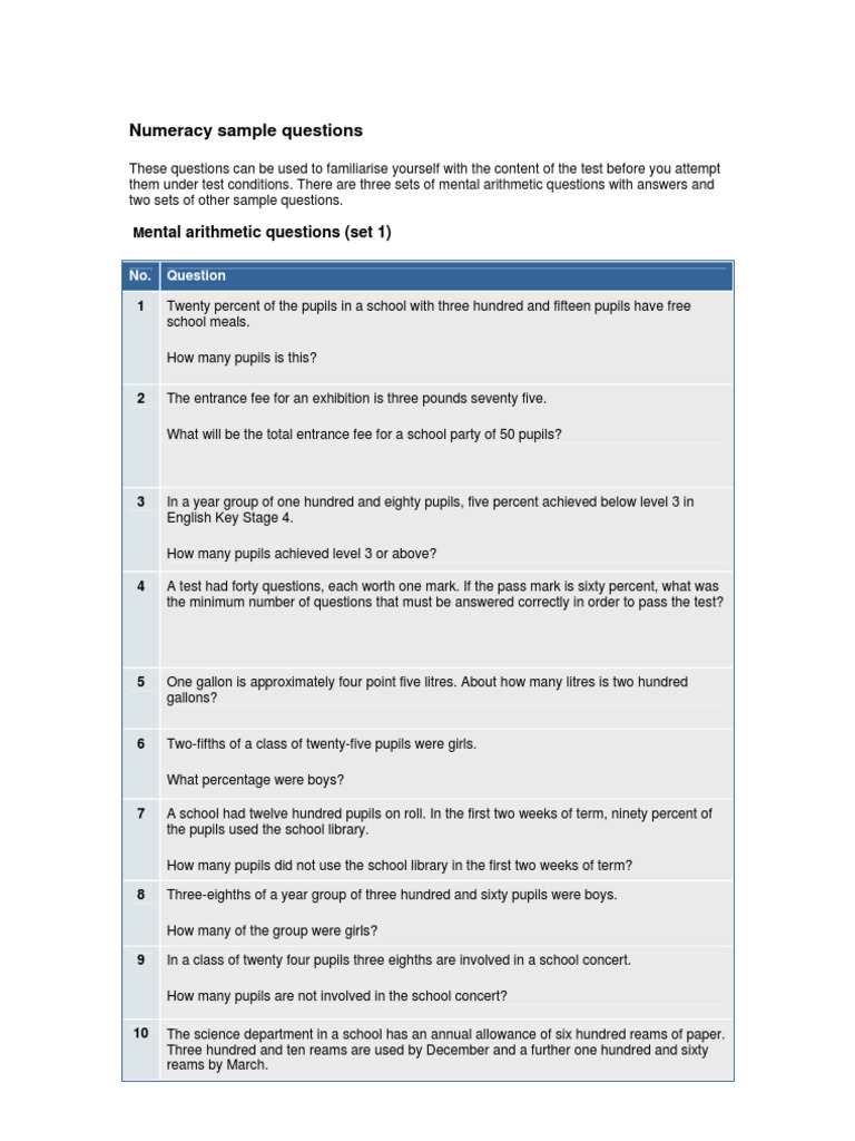 Numeracy Sample Questions | PDF | Question | Test (Assessment)