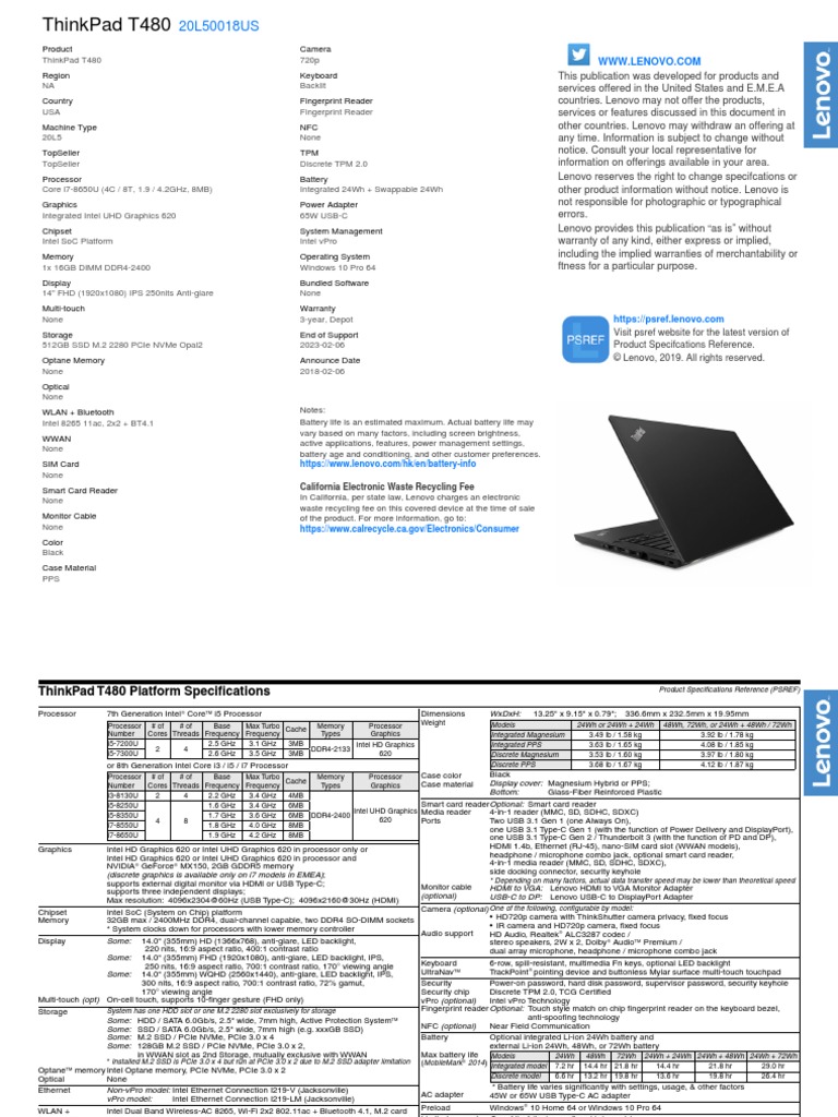 Lenovo T480 | PDF | Hdmi | Consumer Electronics