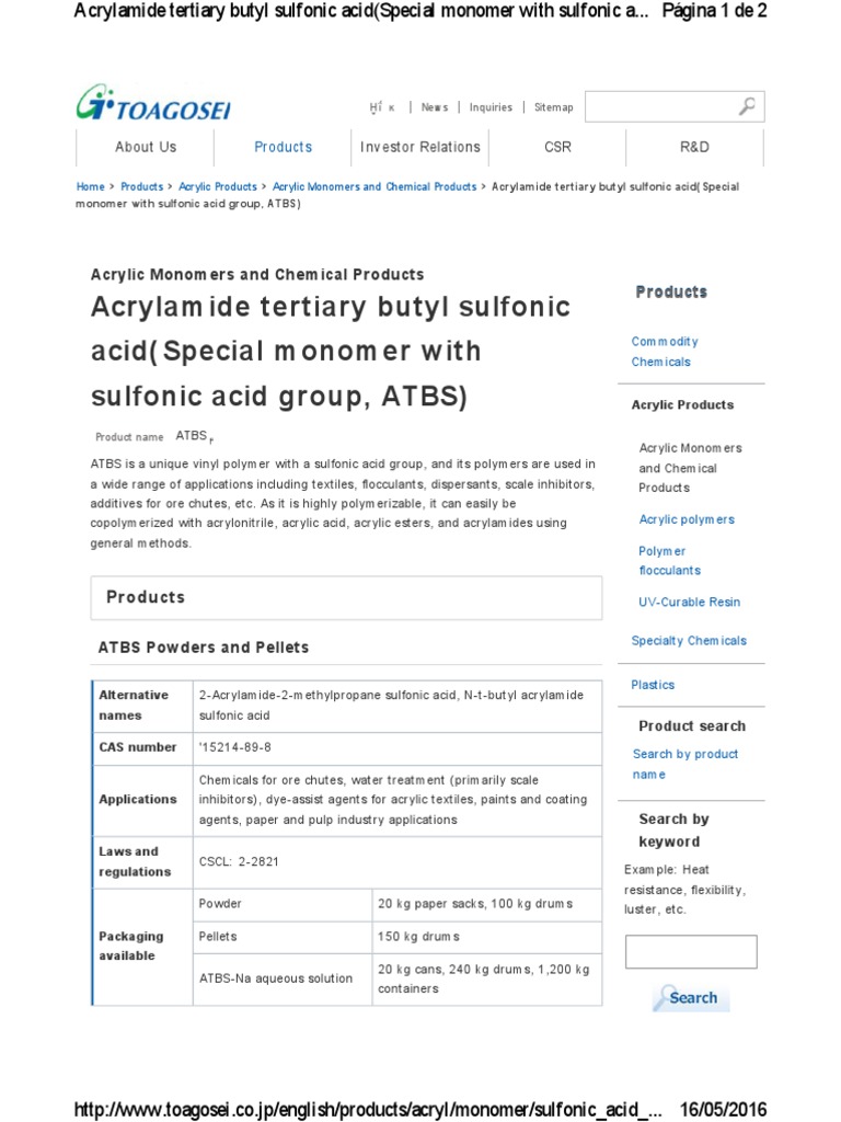 Acrylamide Tertiary Butyl Sulfonic Acid | PDF | Organic Chemistry ...