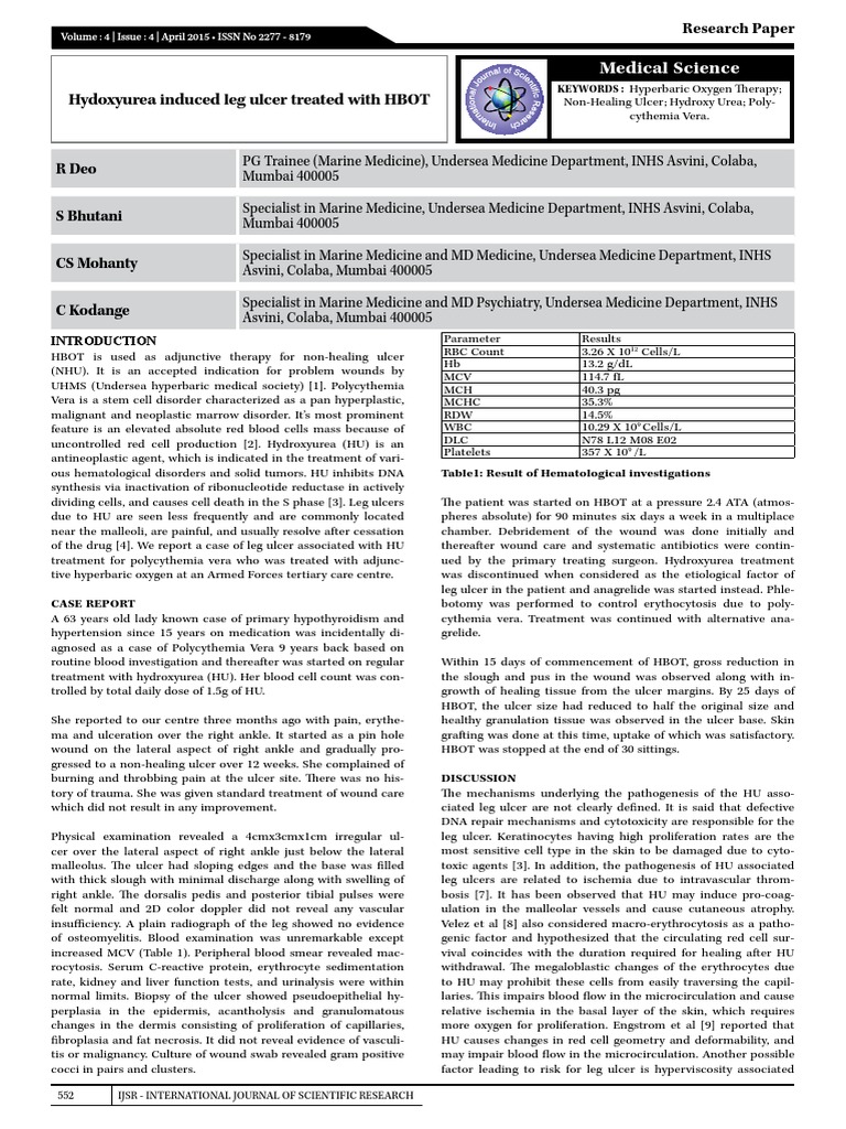 Hydroxyurea Induced Leg Ulcer Treated With HBOT | PDF | Wound | Medical ...