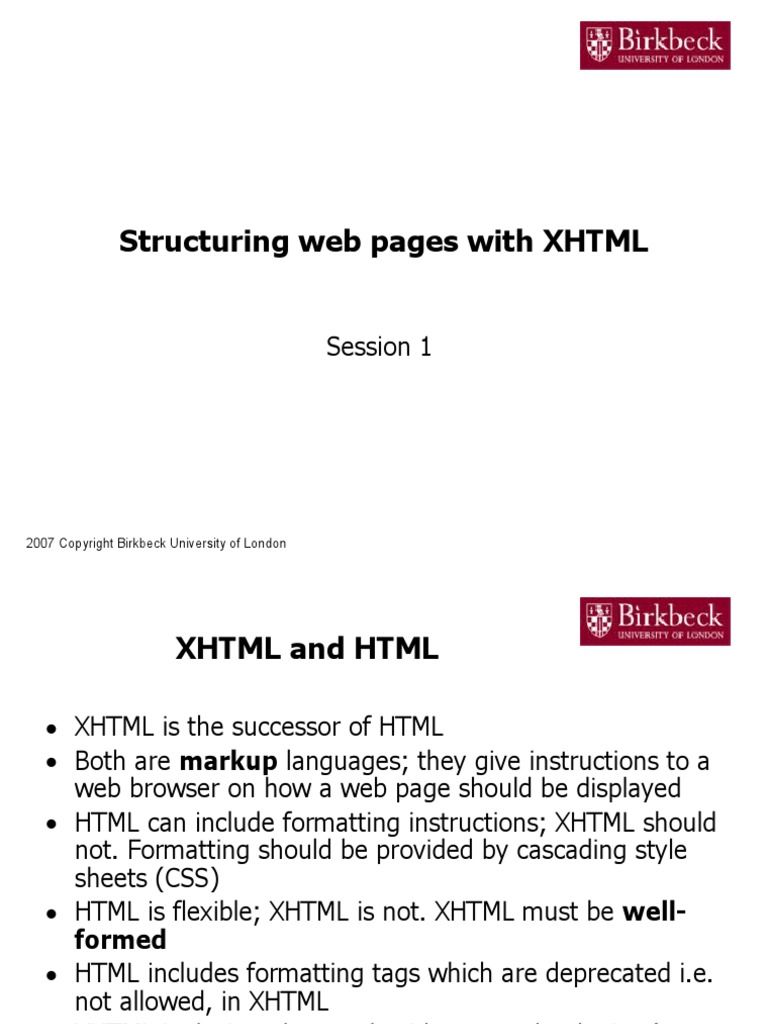 Structuring Web Pages With XHTML: Session 1 | PDF | Html | Html Element