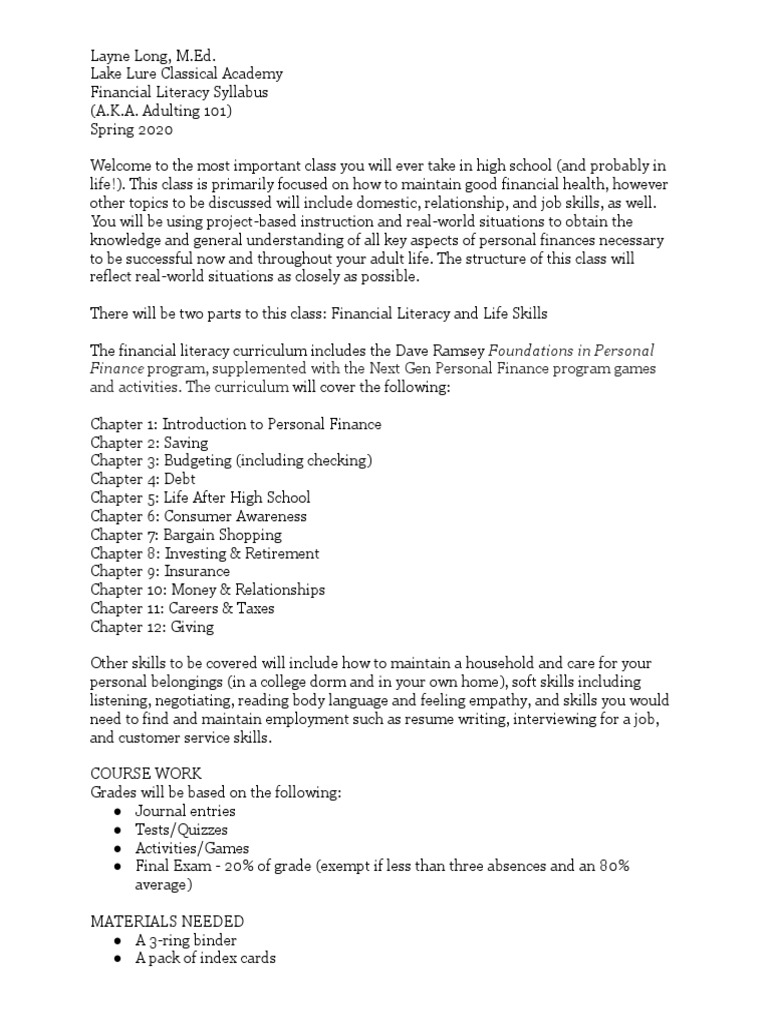 High School Financial Literacy Syllabus | PDF | Personal Finance ...