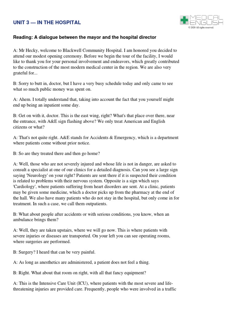 Unit 3 A Dialogue Between The Mayor and The Hospital Director Reading ...