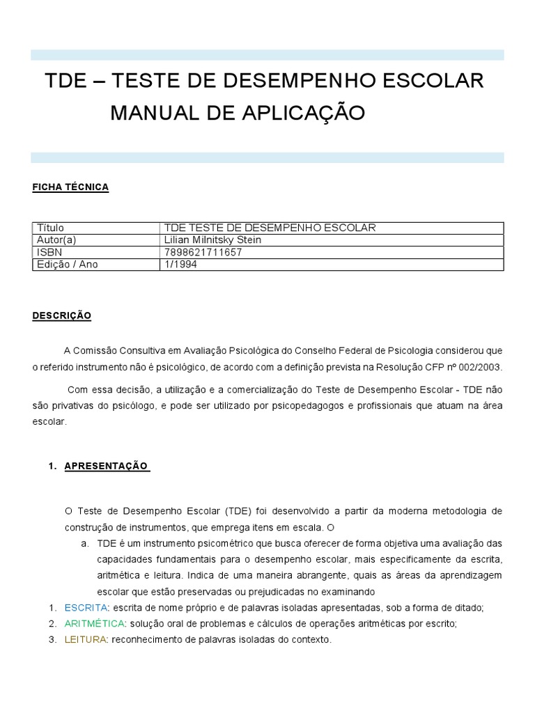 Manual de Aplicação do TDE | PDF | Aritmética | Psicologia