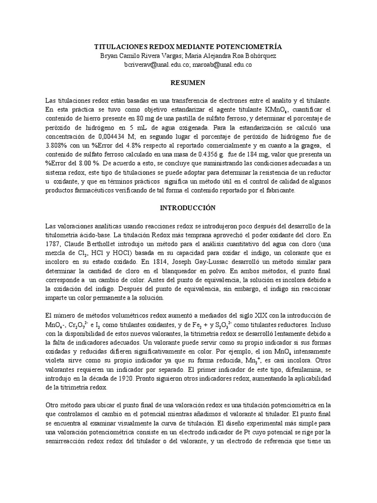 Informe 10 Titulaciones Redox Mediante PotenciometrÍa Pdf