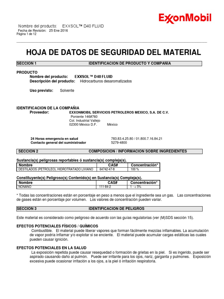 MSDS - EXXSOL D40 Varsol 31-01-2018 | PDF | Agua | Combustión