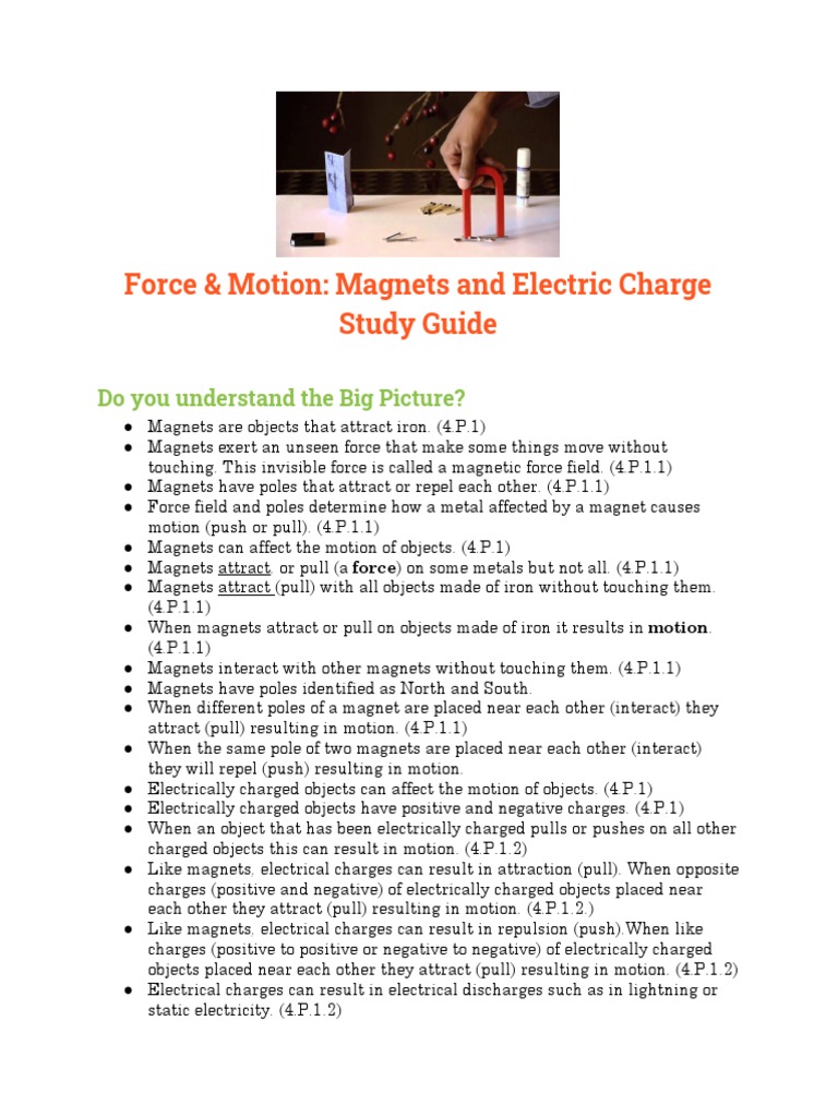 Force Motion Magnets and Electric Charge Study Guide | PDF | Electric ...