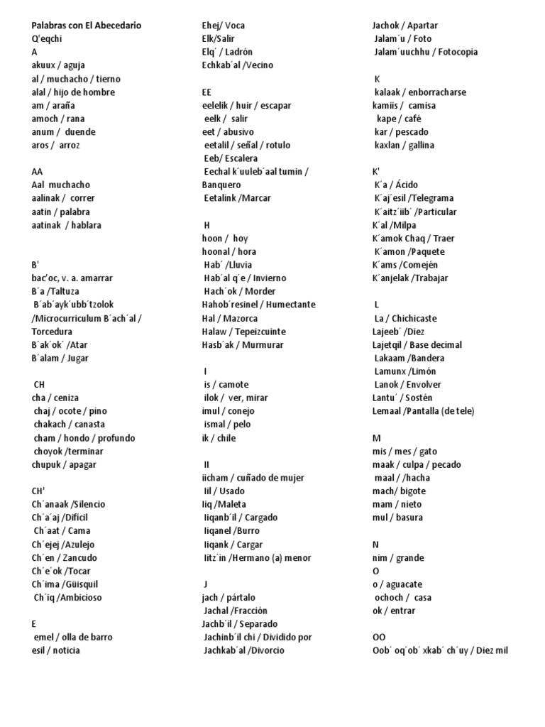 Palabras Con El Abecedario Qeqchi | PDF | Organismos | Naturaleza