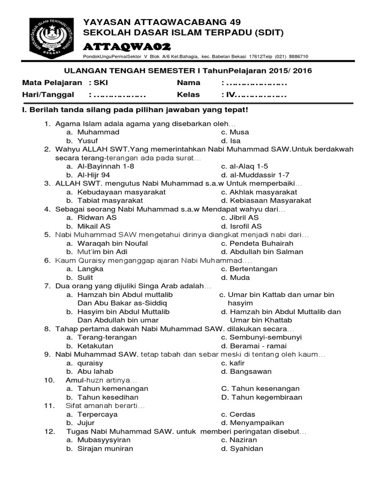 Soal Uts I Kelas 4 Ski | PDF