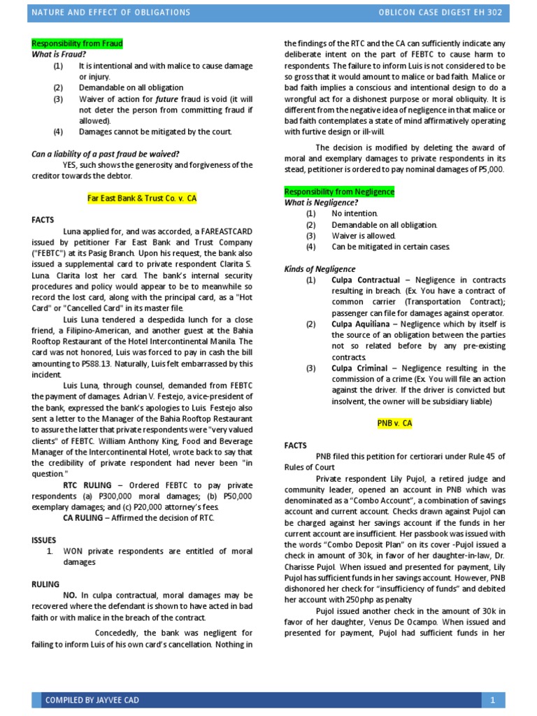 Oblicon Case Digest Case Batch 3 | PDF | Negligence | Damages