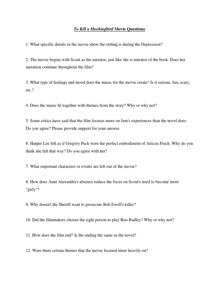 To Kill A Mockingbird Movie Questions | PDF