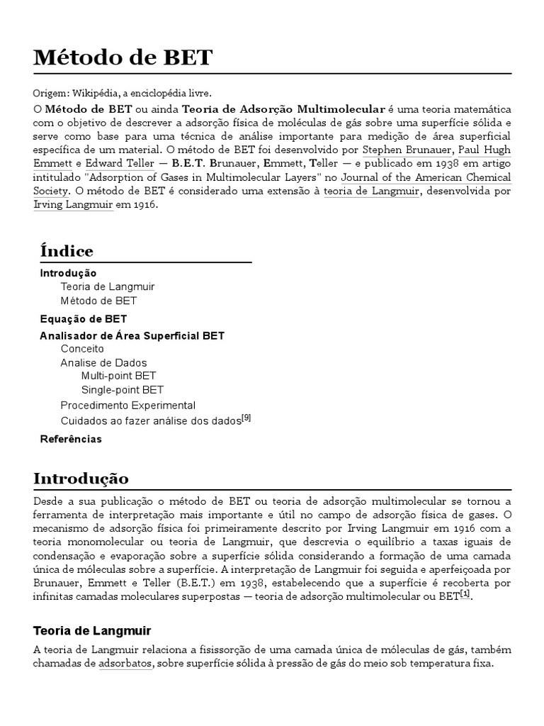 Método de BET - Wikipédia, A Enciclopédia Livre | PDF | Adsorção ...