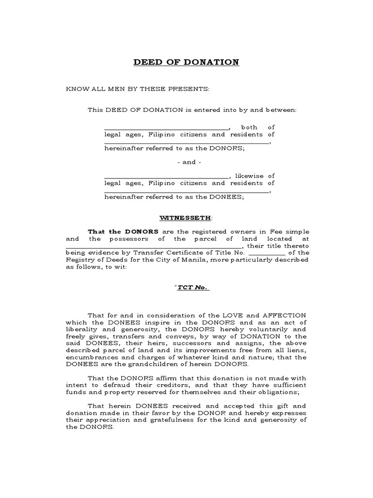 DEED OF DONATION - Sample | PDF | Deed | Private Law