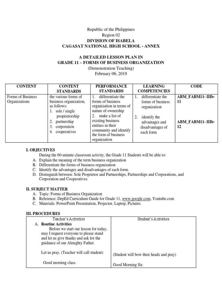Grade 11 Business Organization Lesson Plan | PDF | Partnership | Sole ...