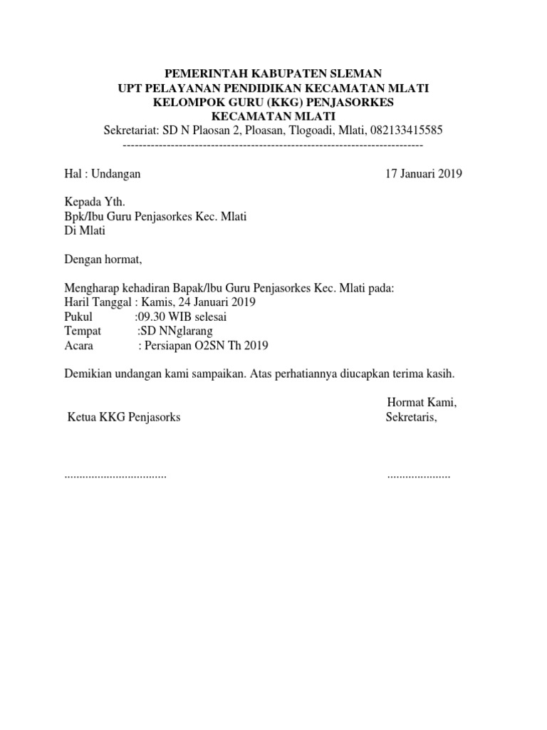 Contoh Surat Undangan Rapat Dari KKG Untuk Persiapan O2SN | PDF