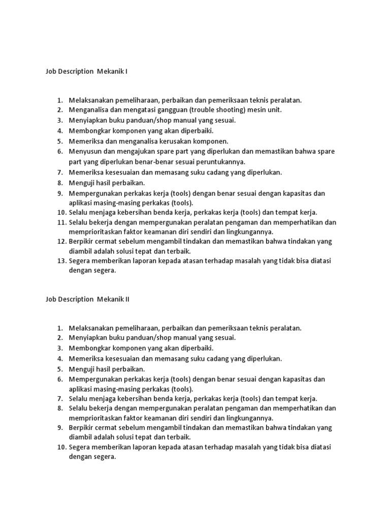 Uraian Tugas Mekanik | PDF