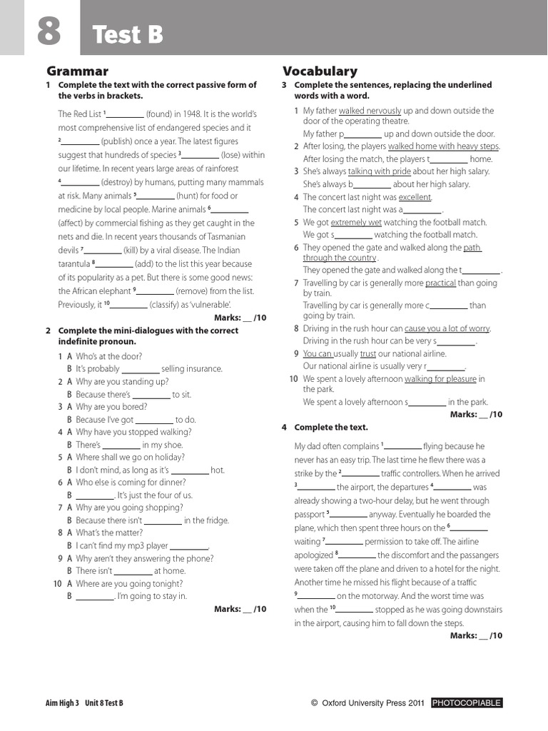 Aim High 3 Unit 8 Test B PDF | PDF | Elephant | Organisms