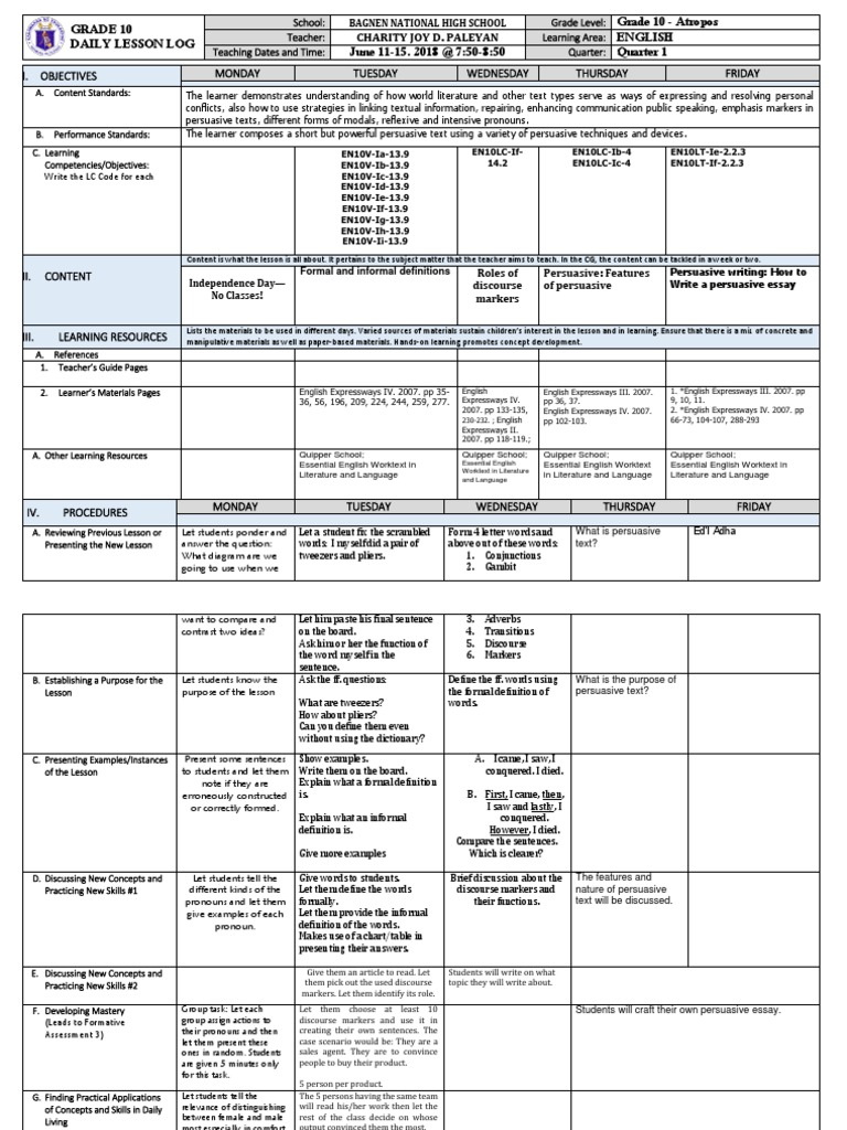 Grade 10 Week 4 Q1 | PDF | English Language | Teachers