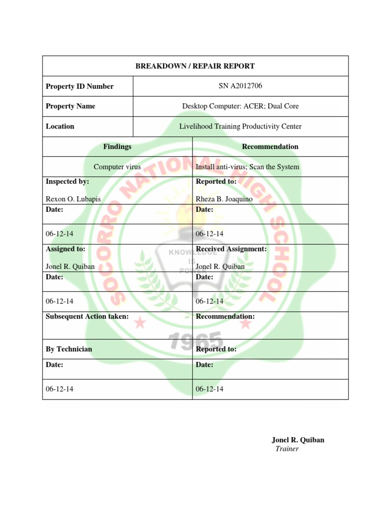 Template 10 - BREAKDOWN AND REPAIR REPORT | PDF