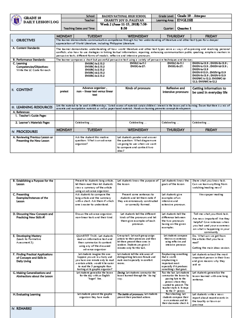 GRADE 10 DLL Week 2quarter 1 | PDF | Question | Learning