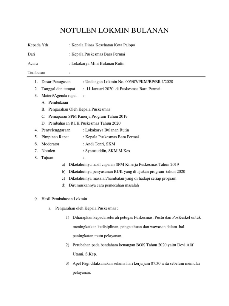 NOTULEN LOKMIN Bulan Jan 2020 | PDF