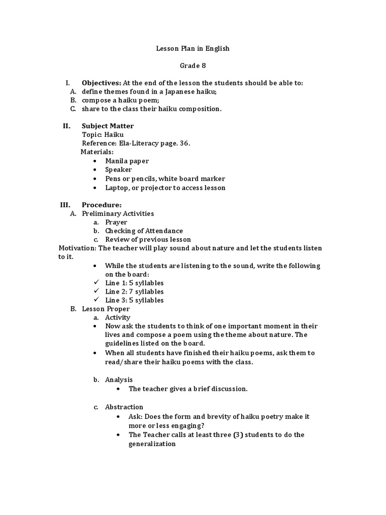 Japanese Haiku Poem 4 S Lesson Plan Pdf Haiku Lesson Plan