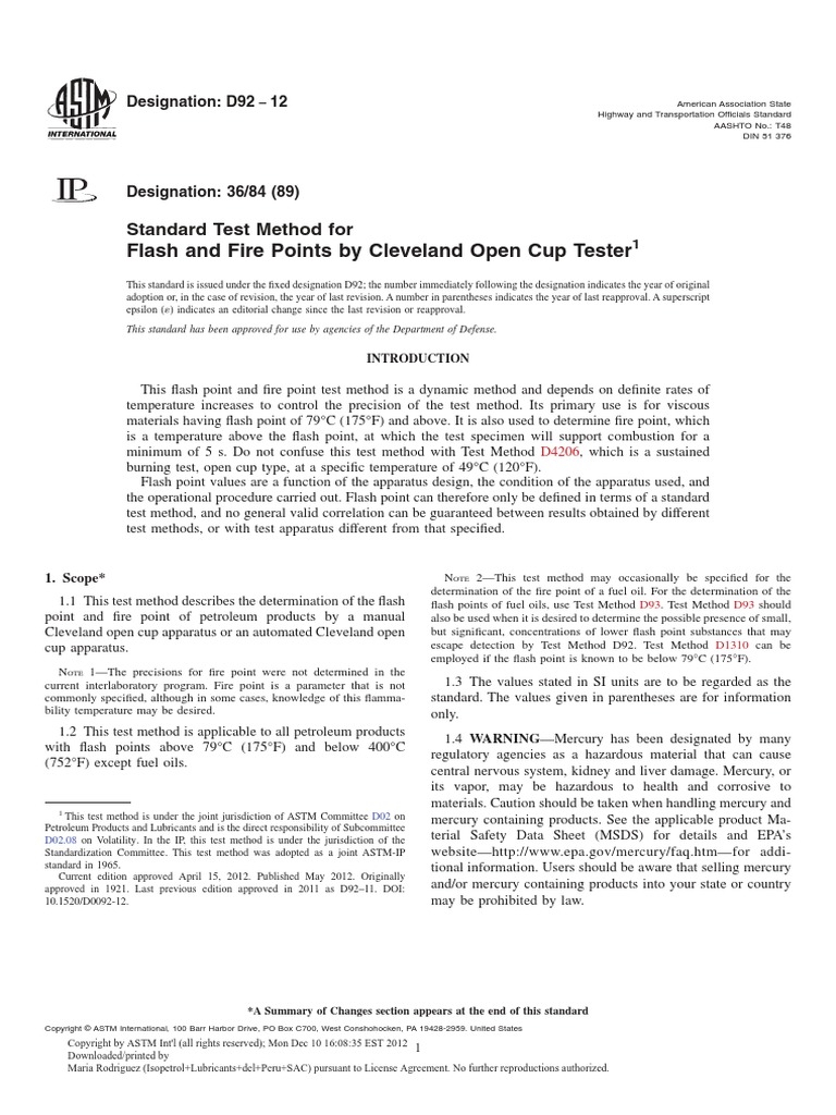 Astm D92 12 PDF | Download Free PDF | Chemistry | Physical Chemistry