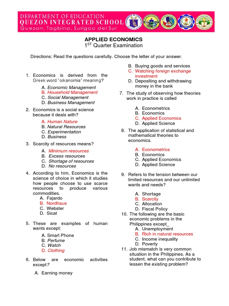 Applied Economics 1st Quarter Test | PDF | Demand | Elasticity (Economics)