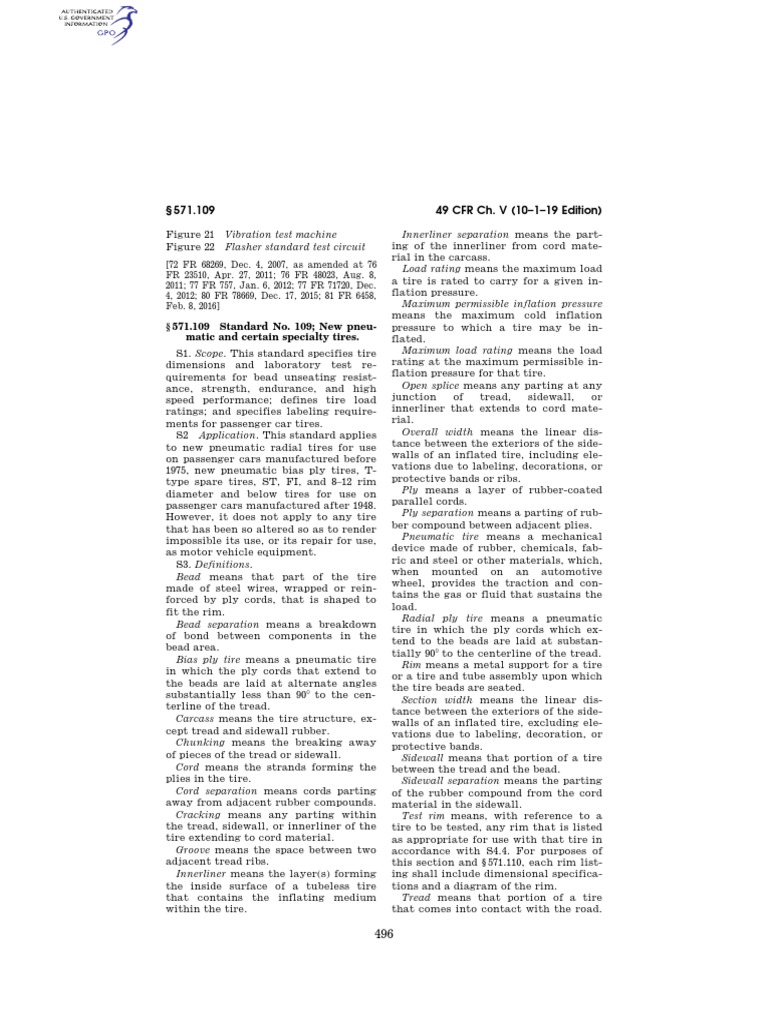 FMVSS 109 2019-10-01 | PDF | Tire | Automotive Technologies