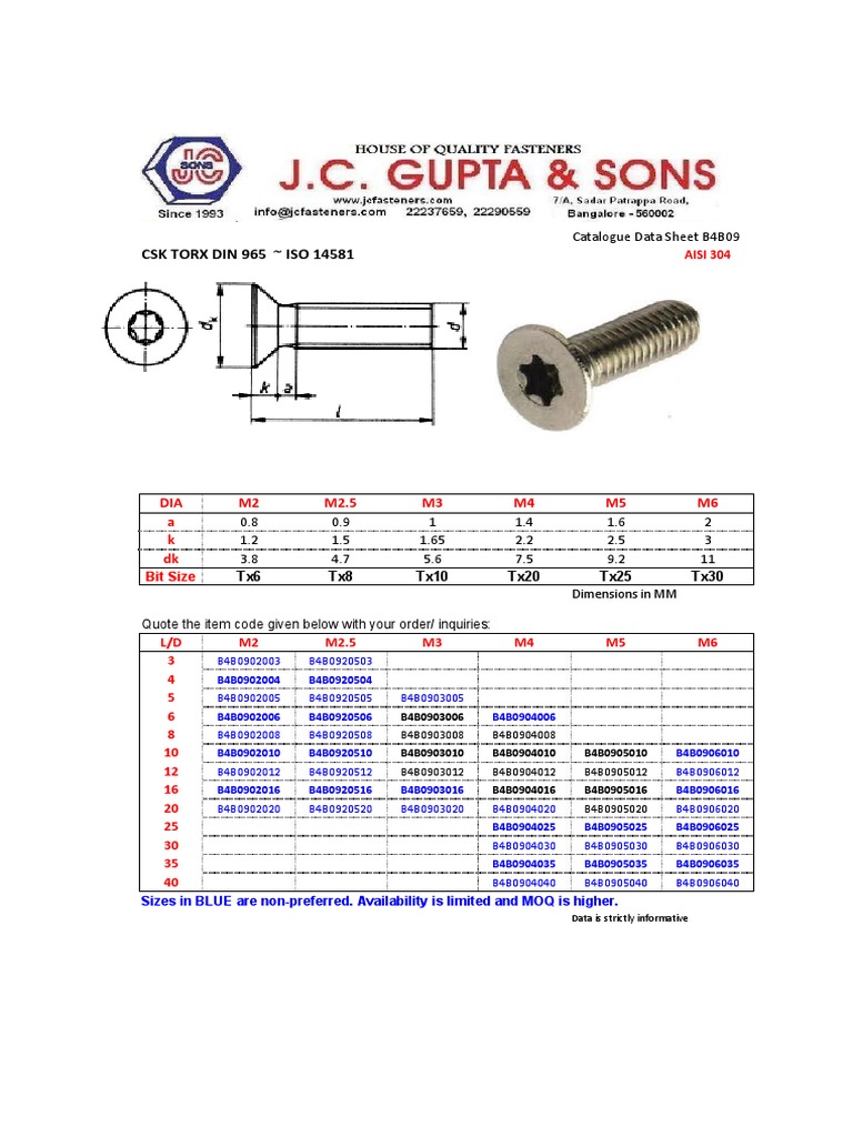 Torx Countersunk DIN 965 | PDF