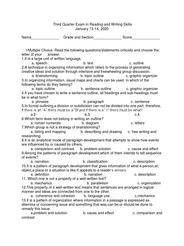 Third Quarter Exam in Reading and Writing Skills | PDF | Brainstorming ...