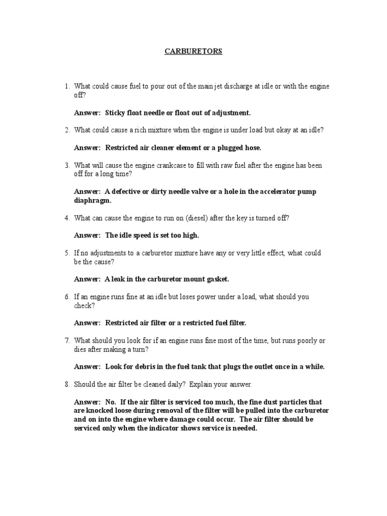 Carburetors Test Answer Sheet | PDF | Carburetor | Throttle