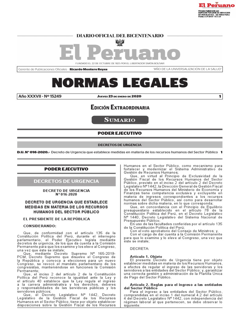 Decreto de Urgencia #016-2020 | PDF | Presupuesto | Derecho laboral