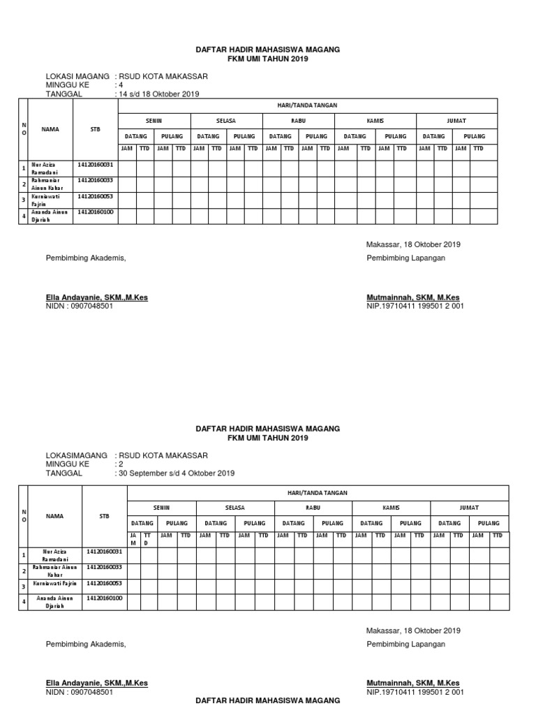 Daftar Hadir Mahasiswa Magang | PDF