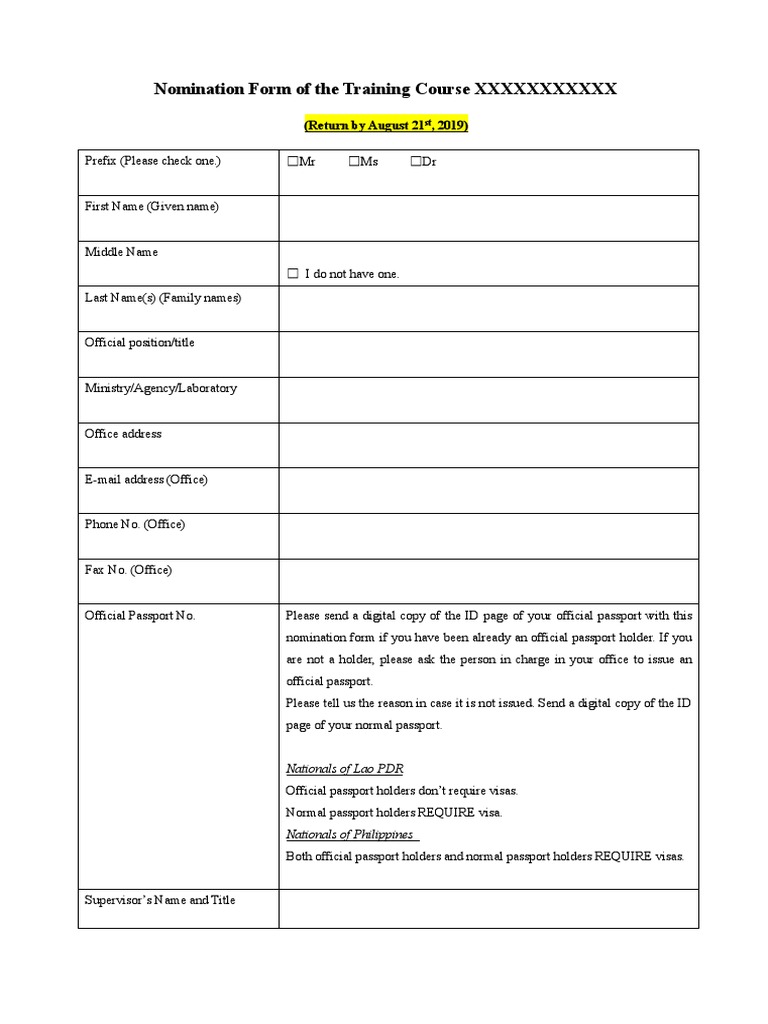Nomination Form of The Training Course On XXXX Format | PDF | Passport ...
