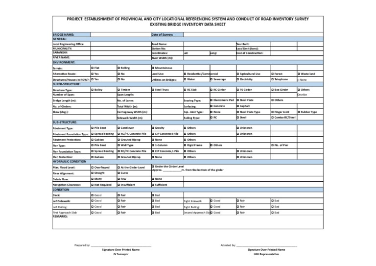 Bridge Inventory Survey Data Sheet | PDF | Bridge | Deep Foundation