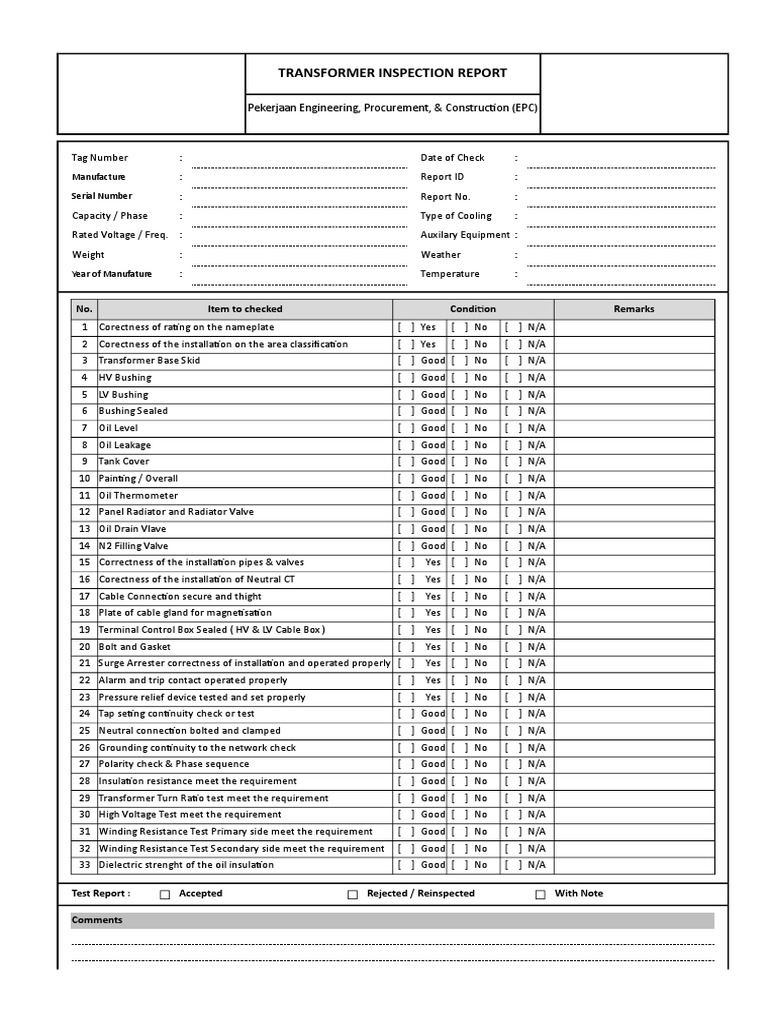 TRANSFORMER Inspection Checklist | PDF | Transformer | Electrical ...