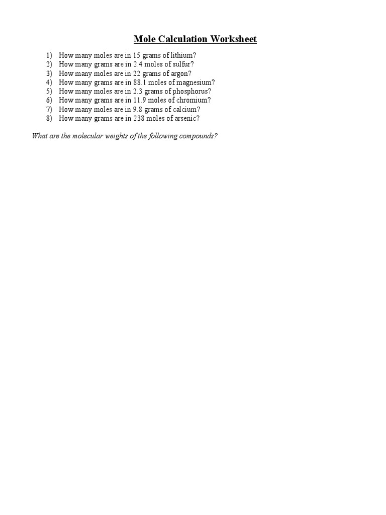 Mole Calculation Worksheet Answers | PDF | Hydroxide | Mole (Unit)