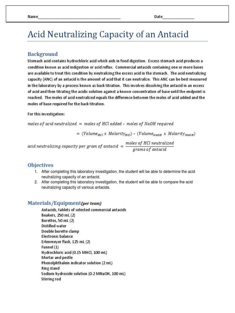 Antacid Neutralizing Capacity Lab | PDF | Titration | Chemistry
