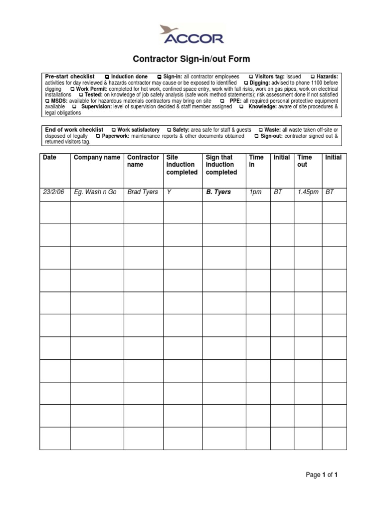 Contractor Sign in Sign Out Form | PDF
