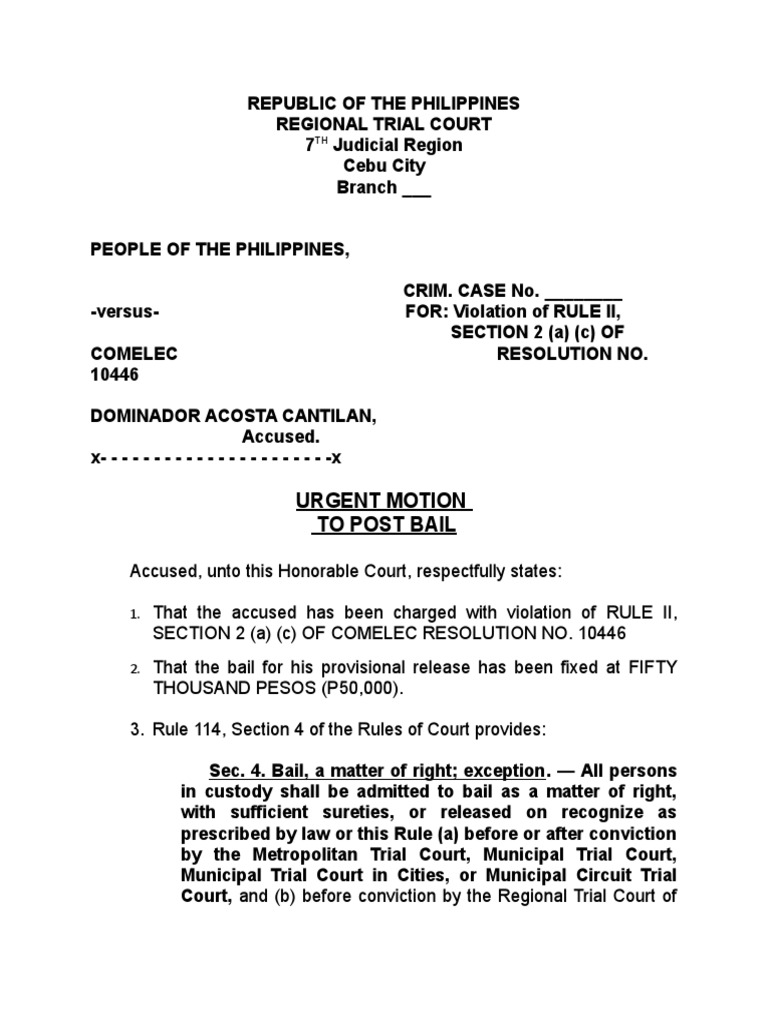 Urgent Motion To Bail | PDF | Bail | Public Law