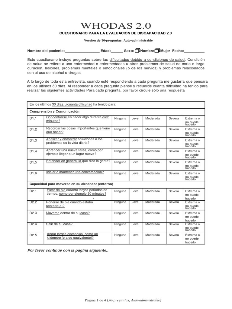 WHODAS 2.0 - 36 Items SELF - Spanish | PDF | Cognición | Conceptos ...